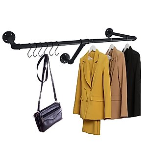 HouseAid 32 Inch Industrial Pipe Clothes Rack, Farmhouse Iron Garment Rack, Vintage Style Hanging Rod for Closet, Wall Mounted, Matte Black (Hooks Included)