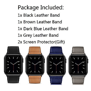 (4 Pack) Compatible with Apple Watch Band 45mm 44mm 42mm, C.M Genuine Leather Band Replacement Strap Compatible with Apple Watch Series 7/6/5/4/3/8/9/SE, Brown Blue Grey Black Band with Black