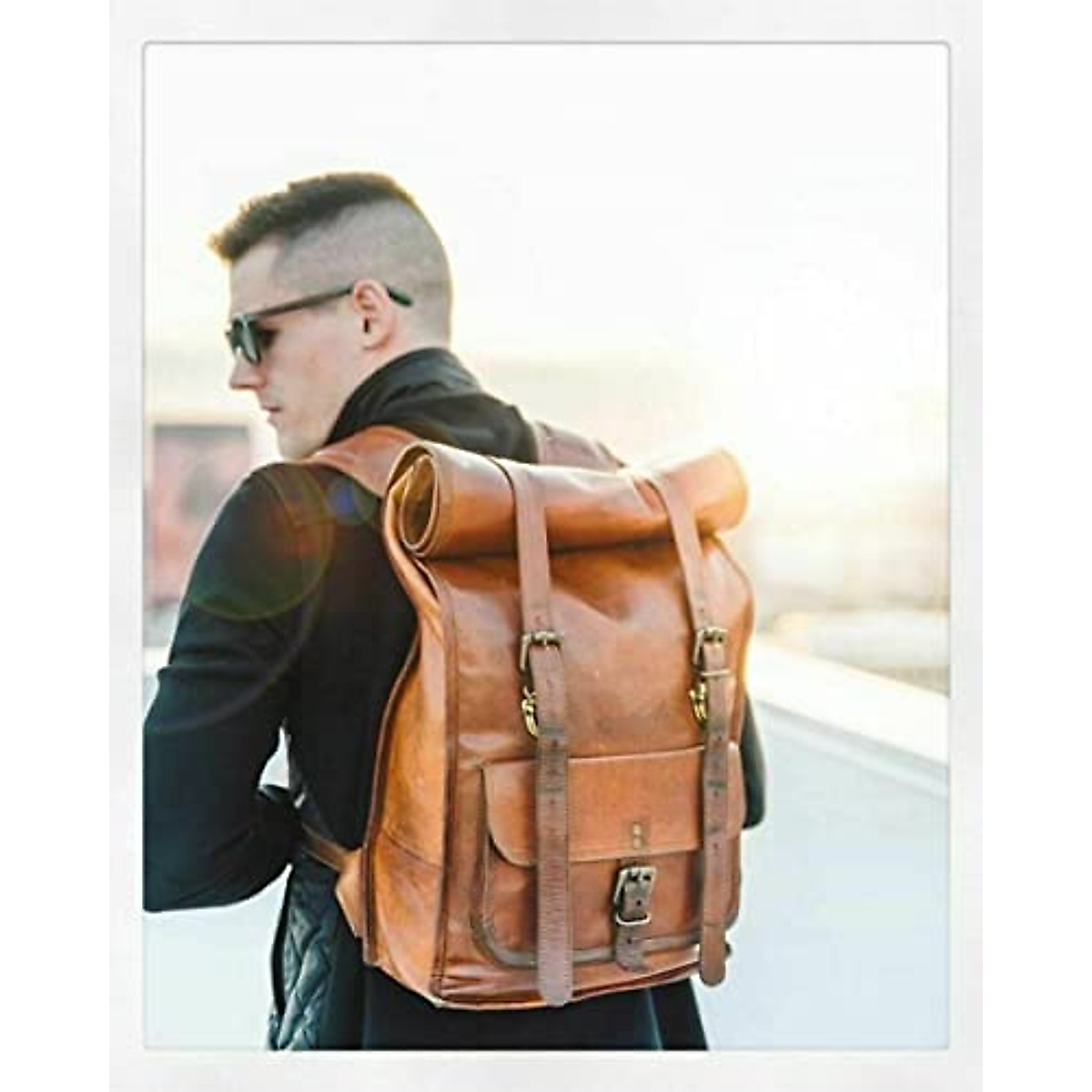 DEENIT'S Tan Pure Leather Roll Top Backpack Bag For Laptop, Ipad , Files, Books Shoulder Bag for Men and Women (24x14x6)