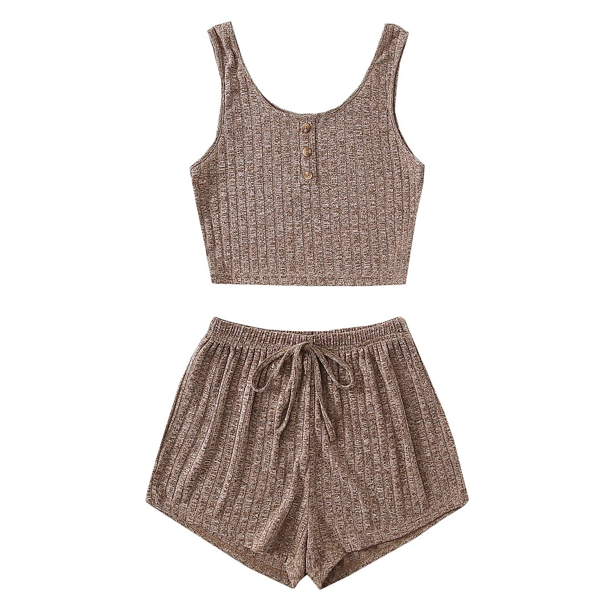 SOLY HUX Women's Button Front Ribbed Knit Tank Top and Shorts Pajama Set Sleepwear Lounge Sets Mocha Brown XL