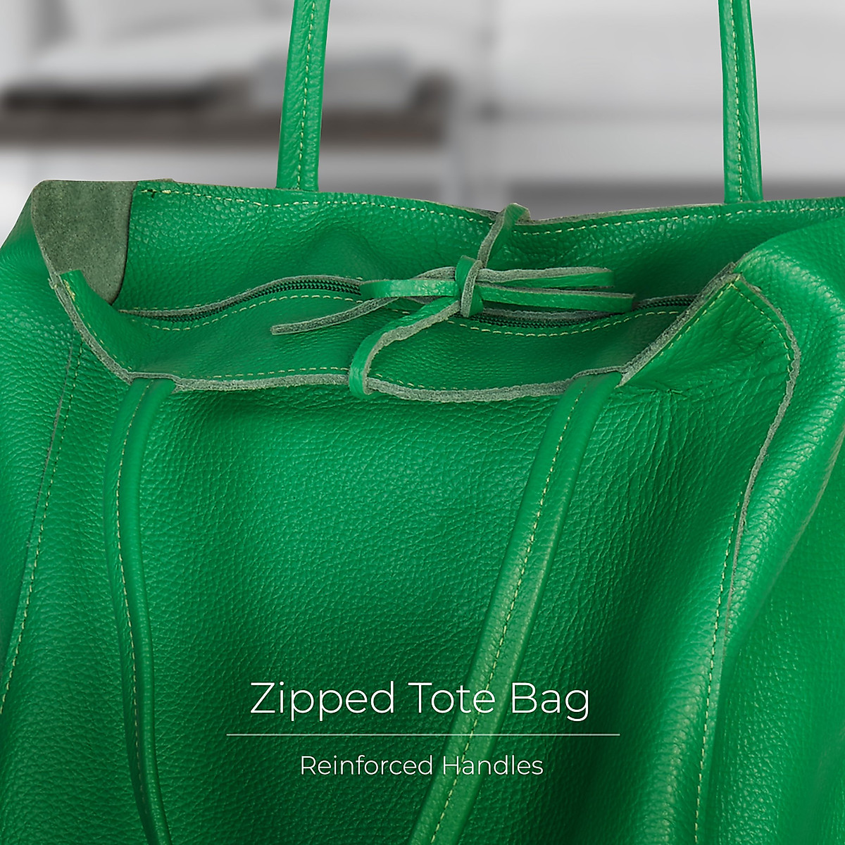 TAKEASY Italian Genuine Leather Tote Bag for Women with Zipper Large Tall Soft Unlined Handbag Purse for Shopping Work Travel (Green)