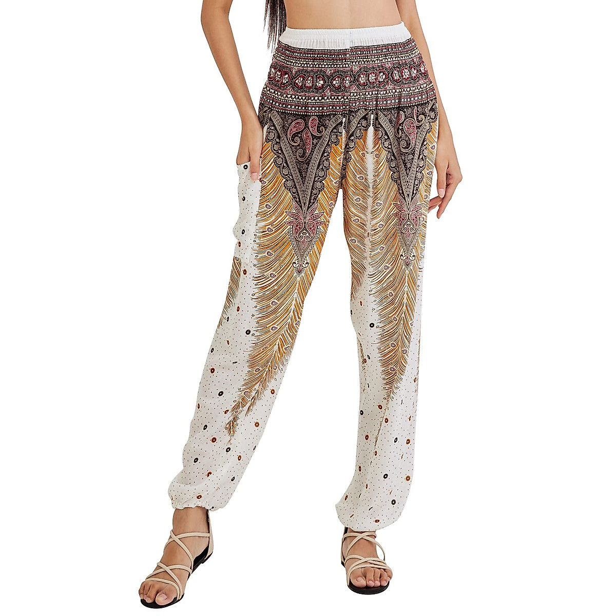 Joob Joob Boho Pants for Women - Hippie Harem Pants Women - Womens Yoga Pants – Comfy Bohemian Flowy Hippie Clothes - Medium White