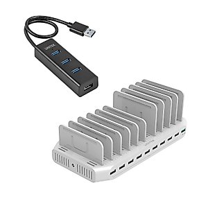 [Bundle] 4-Port USB 3.0 Hub Long Cable 48-inch with Micro USB Charging Port & QC3.0 Charging Station for Multiple Devices