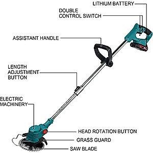 Cordless String Trimmer, 21V Grass Trimmer with Wheels, Edger Lawn Tool,Electric Weed Lawn Eater Edger Grass String Trimmer Cutter Portable with 2 Batteries (Blue)