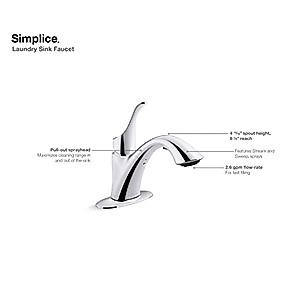 KOHLER K-22035-CP Simplice Laundry Sink Faucet, Single Handle, Pull Down Faucet , 2-function Spray Head, 3-hole Install, Utility Sink Faucet in Polished Chome