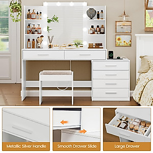 Quimoo 48" Large Vanity Desk with Mirror & Lights, Makeup Vanity Table with 6 Drawers & Power Outlet, 4 Open Storage Shelves, Vanity Desk Set with Stool, for Women Girls, White