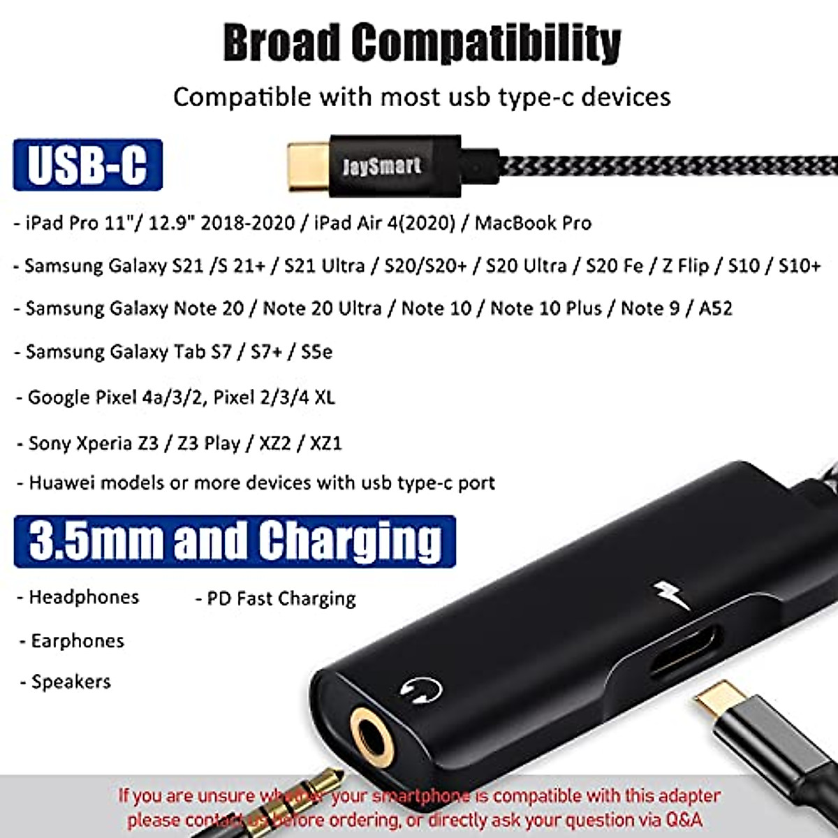 JaySmart USB-C to 3.5mm Headphone and Charger Adapter, 2-in-1 Type-C to 3.5mm Audio Jack Charging Port Aux Cable Compatible with Samsung Galaxy S22/S22+/S21/S20/Z Fold3/Note 20 Ultra/10 Plus