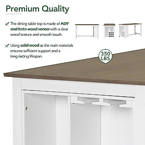 5-Piece Rustic Dining Table Set, Rubber Wood Counter Height Table with 4 Padded Chairs and Integrated 9 Bar Wine Compartment, Wineglass Holdersc for Dining Room Kitchen (Brown + White Wash-04)