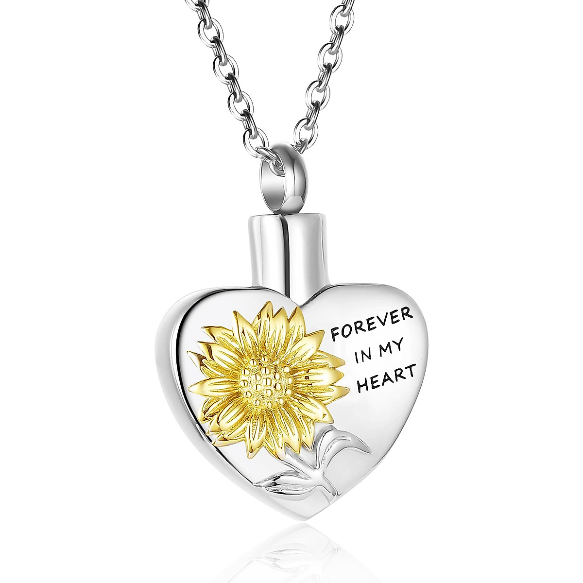 Romc Locu Sunflower Heart Ashes Urn Locket Necklace 316L Stainless Steel Daisy Flower Urn Necklace for Ashes Memorial Keepsake Jewelry for Women Friends (Silver)