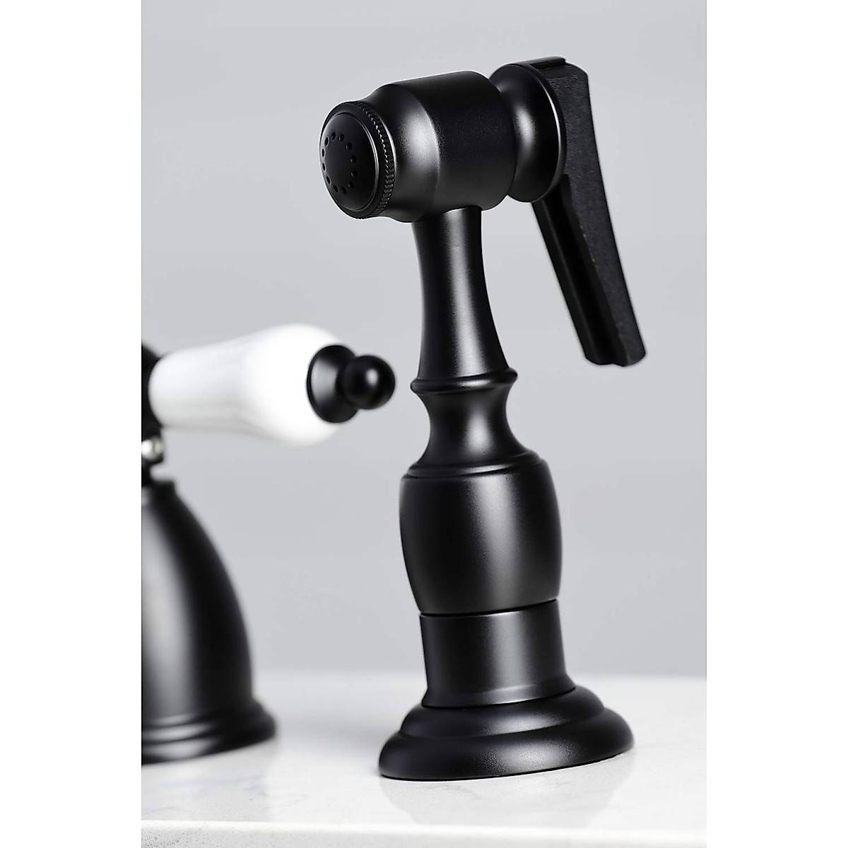 Kingston Brass KB1790PLBS Heritage Widespread Kitchen Faucet with Brass Sprayer, Matte Black