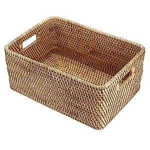 Hipiwe Rattan Basket Box for Shelf Organizing, Natural Storage Wicker Basket Bins with Handles, Large Lidded Basket Rectangular Rattan Box Handwoven Decorative Basket Box,15.1"x11.2"x7.3"