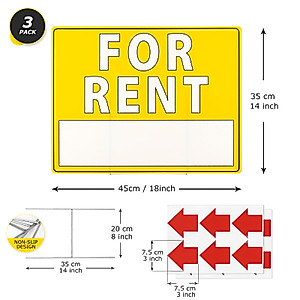For Rent Sign with Stand Yellow 18" x 14" Double-Sided Corrugated Plastic Yards Signs with Arrow Stickers Metal Stakes for Outdoor Business House Real Estate 3 Pack