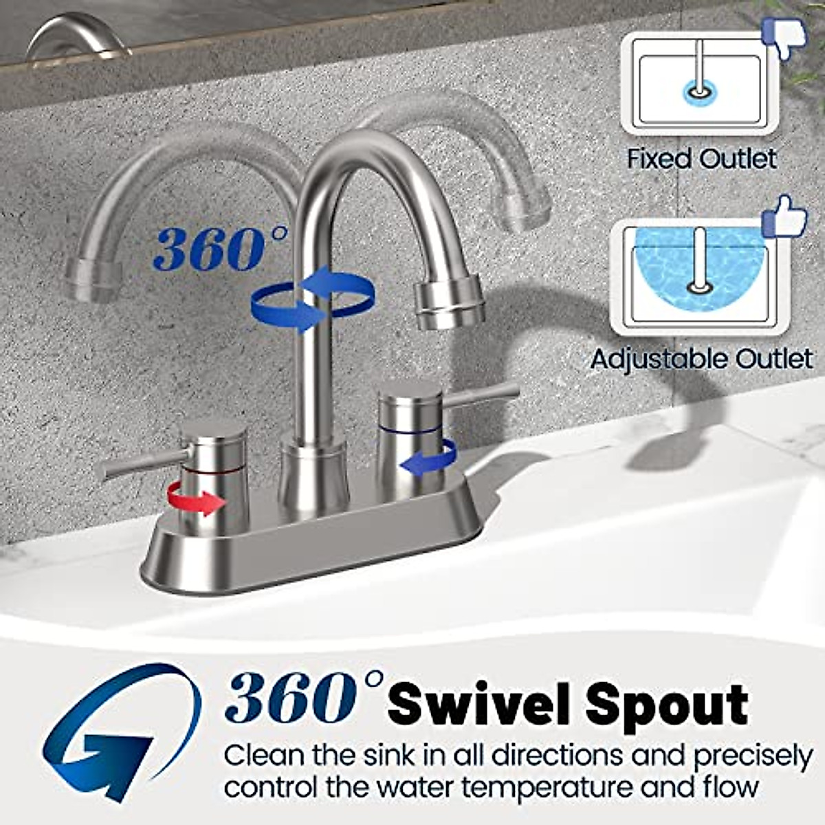yeulluey 360 Swivel Spout Bathroom Sink Faucet with 2 Water Supply Lines, Brushed Nickel Lead-Free Bathroom Faucets Stainless Steel 4 Inch 2 Handle Centerset Faucet for Bath Basin 2 3 Hole