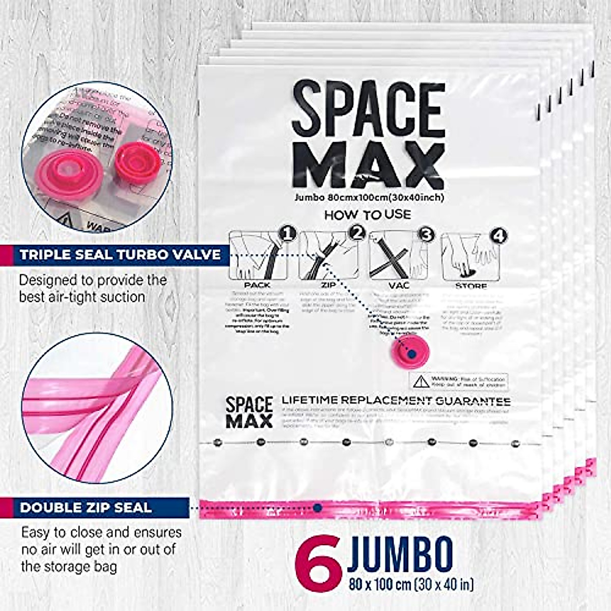 Jumbo 6 Pack | SPACE MAX Premium Space Saver Vacuum Storage Bags - Save 80% More Storage Space - Reusable, Double Zip Seal & Leak Valve, Includes Travel Hand Pump