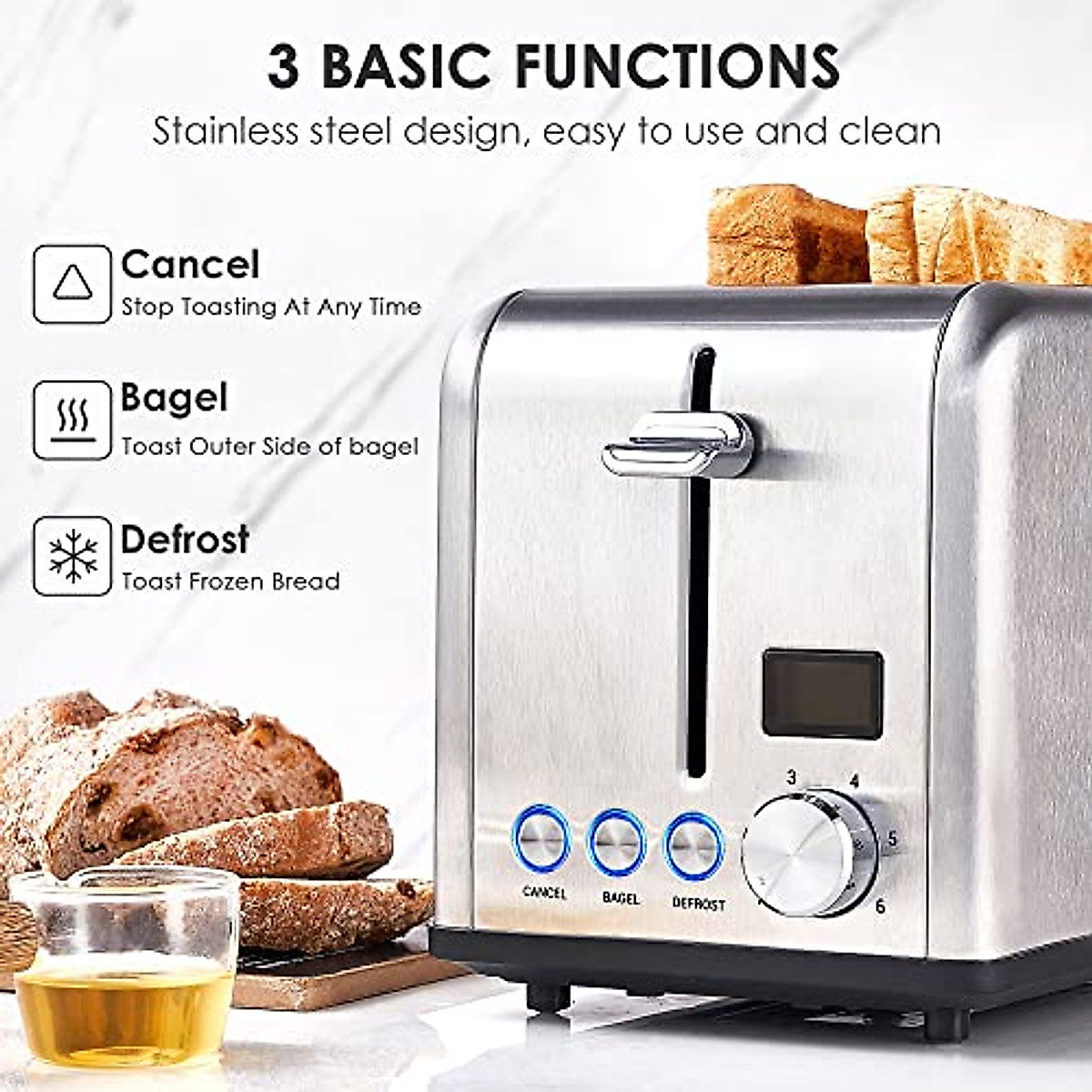 Toaster 2 Slice, REDMOND Stainless Steel Toaster with LED Countdown Timer Display, 1.5" Wide Slot Compact Toaster with Bagel/Defrost/Cancel Function, 6 Shade Control, Removable Crumb Tray, Silver