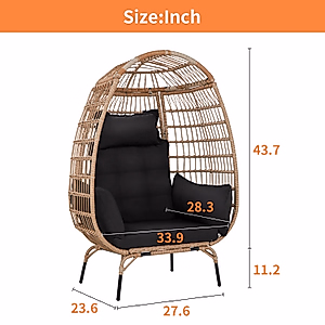 PIKAQTOP Egg Chair, Oversized Indoor Outdoor Lounger Chair for Patio, Backyard, Living Room w/ 4 Cushions and Stand, Steel Frame, 350lb Capacity, Black