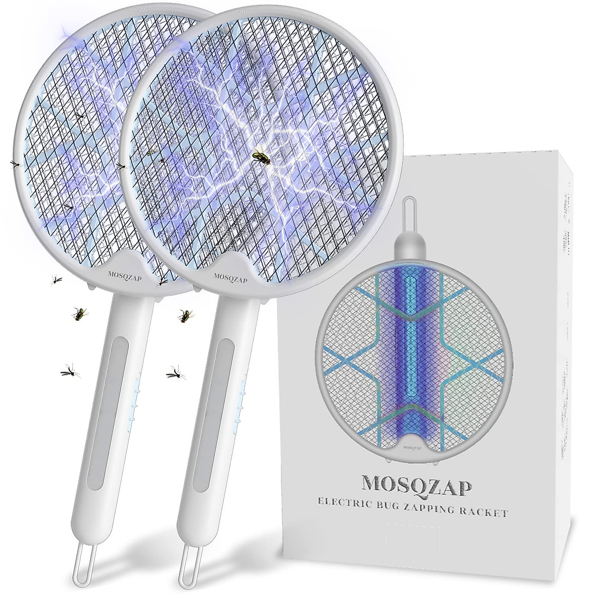 MOSQZAP Electric Fly Swatter 2 Pack, Foldable Bug Zapper Racket USB Rechargeable Fly Zapper Mosquito Zapper Racket w/Hands-Free & Handhold Modes, Outdoor/Indoor Killer for Flies, 3,500 Volt