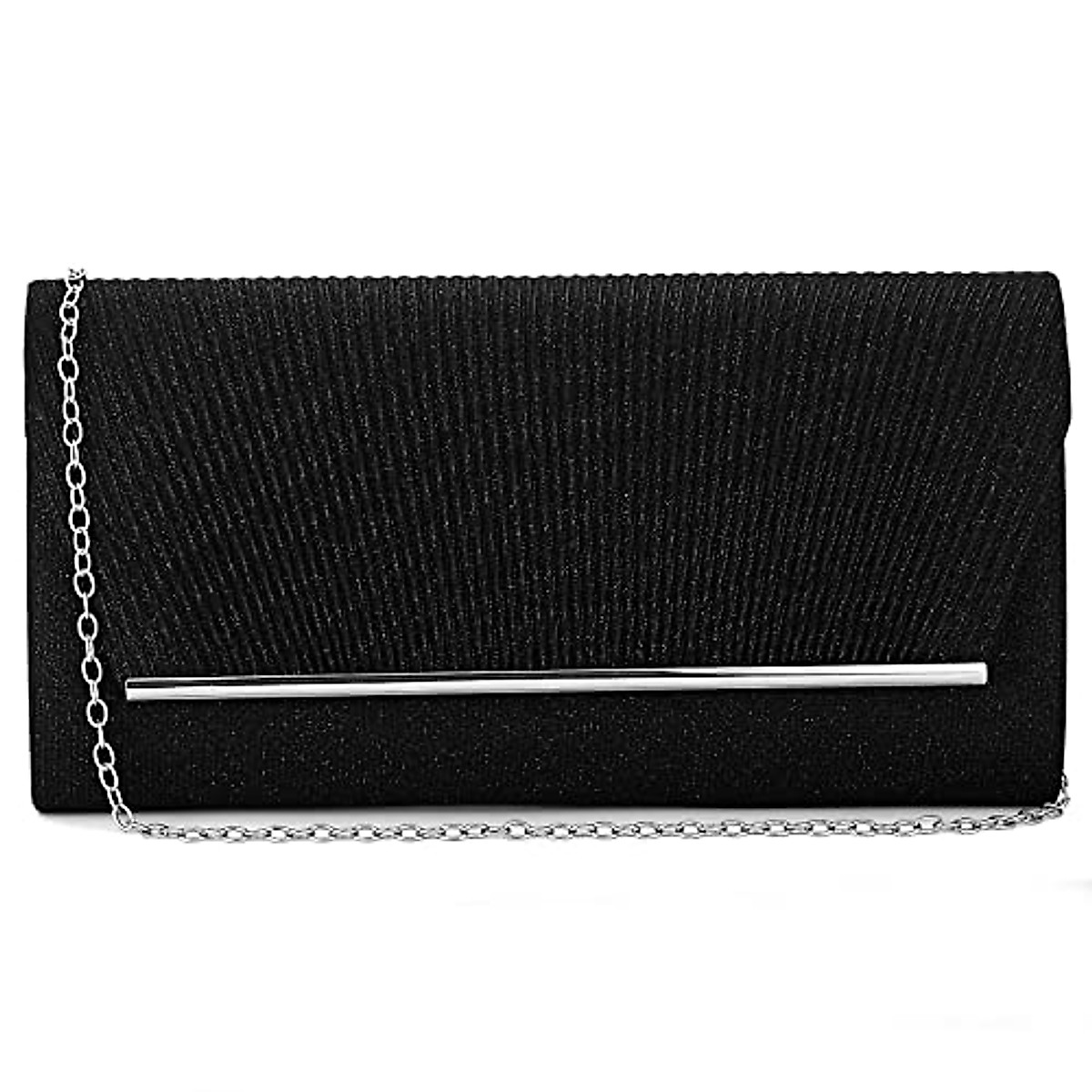 AIJUN Women Glitter Clutch Purses Pleated Evening Bags Flap Envelope Handbags Wedding Party Prom Purse with Detachable Chain (Black)