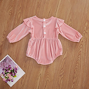 Infant Baby Girl Plain Fall Crushed Velvet Long Sleeve Bodysuits Romper Tops (A Peach Pink, 6-12 Months)