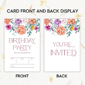 YUEXLL Floral Birthday Party Invitations Cards with Envelopes, Rose Floral Party Invitations, Birthday Celebration Supplies, Double-sided Fill-in bday Invites for Boys Girls- A31