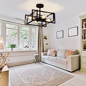 Minyuco Black Ceiling Light Fixtures - 4-Light Industrial Farmhouse Flush Mount Ceiling Lighting,Vintage Metal Chandelier Ceiling Lamp for Kitchen Living Room Bedroom Hallway Laundry Entryway