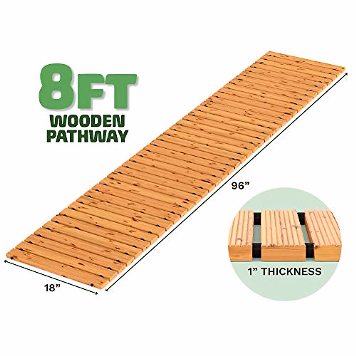 Zyppio Roll-Out Garden Pathway, 8’ Long, Straight, Weather-Resistant Walkway for Outdoor Patios, Gardens, Beach Boardwalks, and Wedding Party Events, Natural Cedar Hardwood