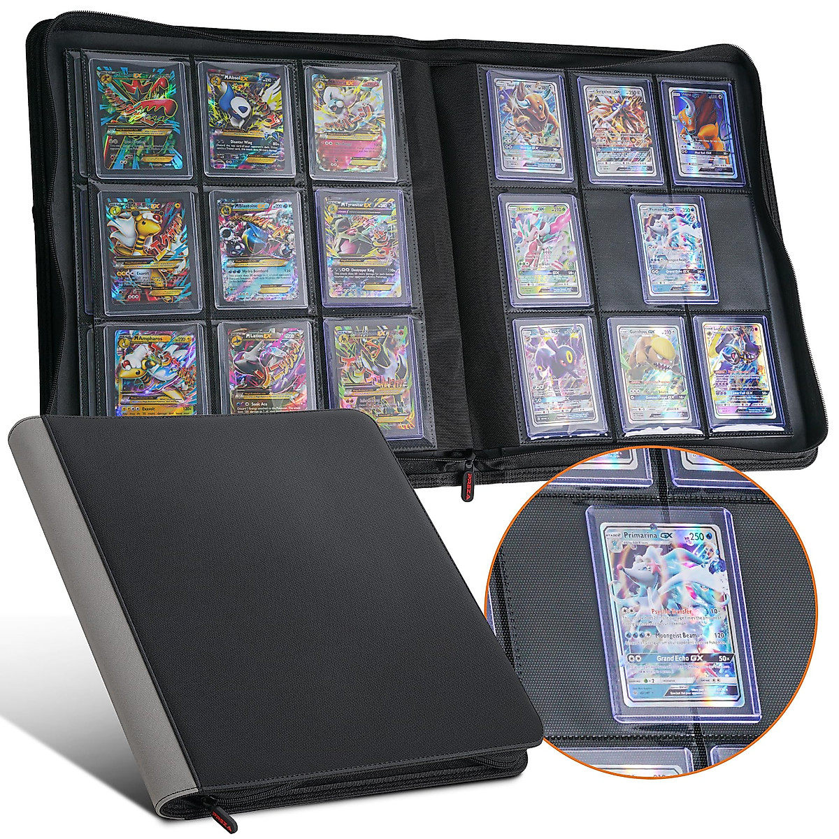 PREZA Toploader Binder - Holds 216 Top Loaders - 9 Pocket Trading Card Storage with Double Sided Sleeves for TGC and Sports 3" x 4" Top Loaded Trading Cards (Black)