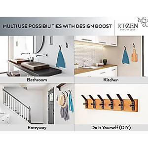 RTZEN Black Coat Hooks Wall Mounted - Double Hooks Coat Hangers for Wall - Heavy Duty Wrought Iron Hooks for Hanging Coats Towels Bags Hats and More - Wall Mount Hooks for Multi Storage (3 Pack)