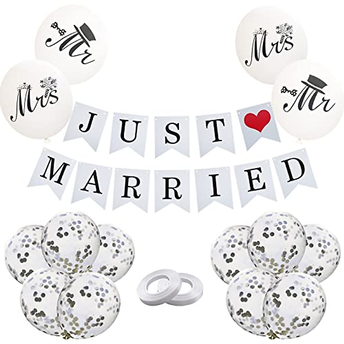 Just Married Car Decorations, JUST MARRIED Banner Wedding Bunting, Mr and Mrs Balloons, White Wedding Balloons, Rustic Wedding Backdrops for reception, Photo Booth Props Bridal Shower Decoration