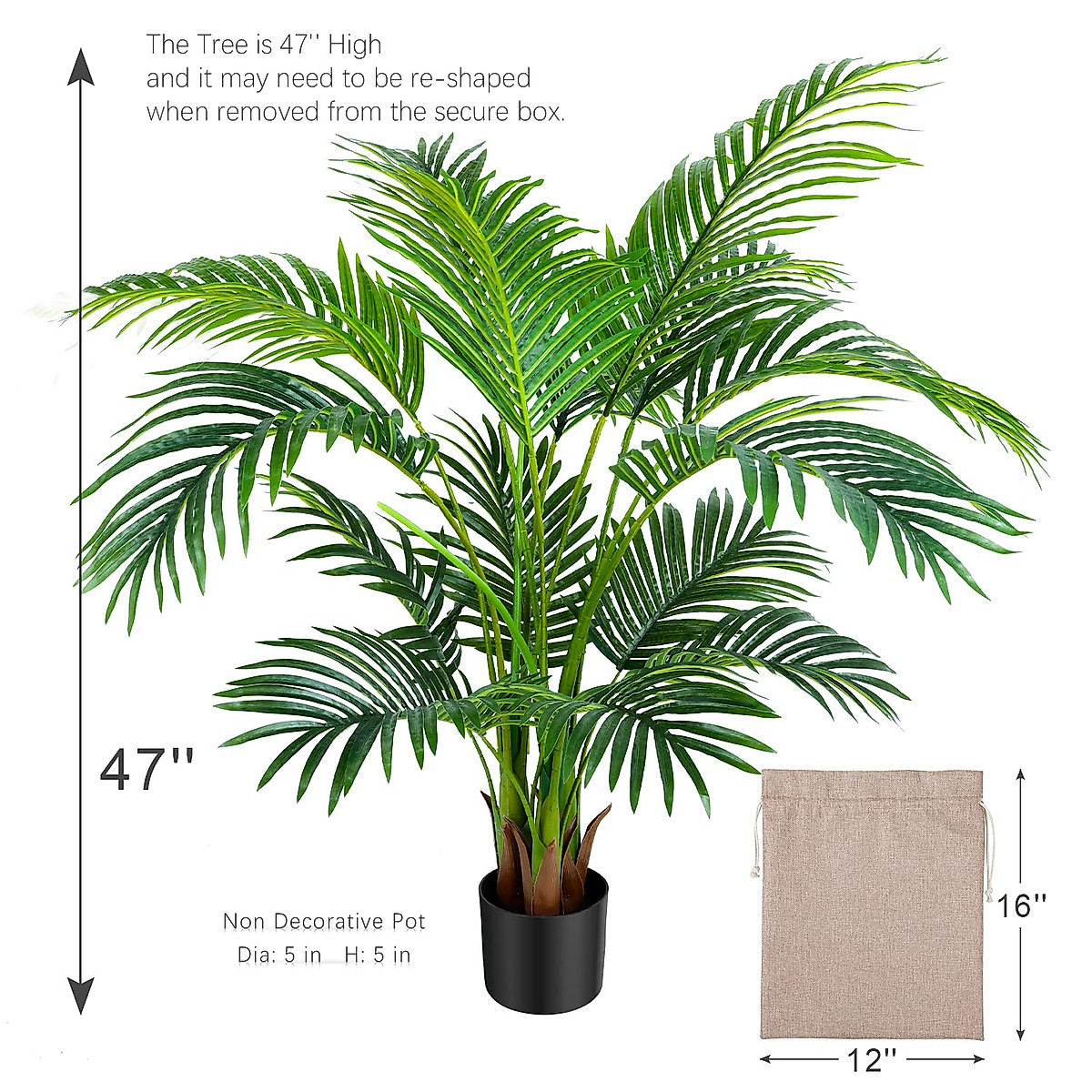 Worth Garden 4ft Artificial Areca Palm Plant 2 Packs in Pot, Fake Cane Palm Silk Tree Indoor Outdoor, Dypsis Lutescens, 47in Lifelike Faux Silk Plant Home Decor, Two Linen Bags & 20g Dry Moss Included