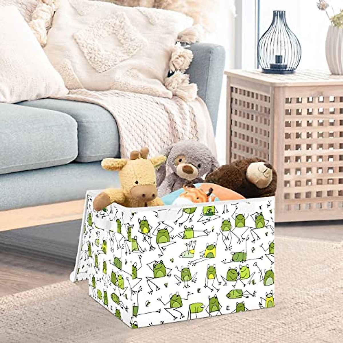Krafig Cartoon Funny Animal Frog Foldable Storage Box Large Cube Organizer Bins Containers Baskets with Lids Handles for Closet Organization, Shelves, Clothes, Toys