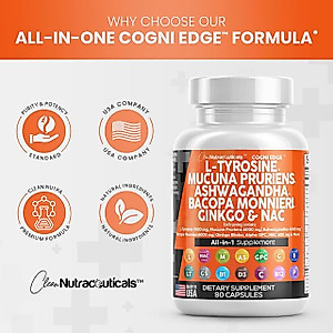 Clean Nutraceuticals L Tyrosine Mucuna Pruriens Bacopa Monnieri Ashwagandha Focus Supplement w/N-Acetyl Cysteine NAC 5-HTP Ginkgo Biloba Alpha GPC Vitamin C D B1 B12