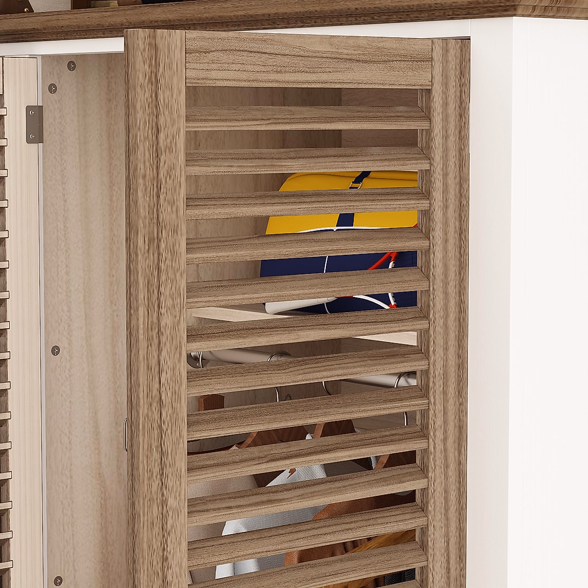 ECACAD 4 Doors Wardrobe Armoire with Louver Doors, Storage Shelves, 4 Drawers & Hanging Rod, Wooden Closet Storage Cabinet for Bedroom, Brown & White (63”W x 19.7”D x 74.8”H)