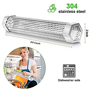 12'' Pellet Smoker Tube-304 Stainless Steel BBQ Smoker Tube with 1 Hooks and 2 Brushes for Cold/Hot Smoking 5 Hours of Billowing Smoke, for All grill or smoker
