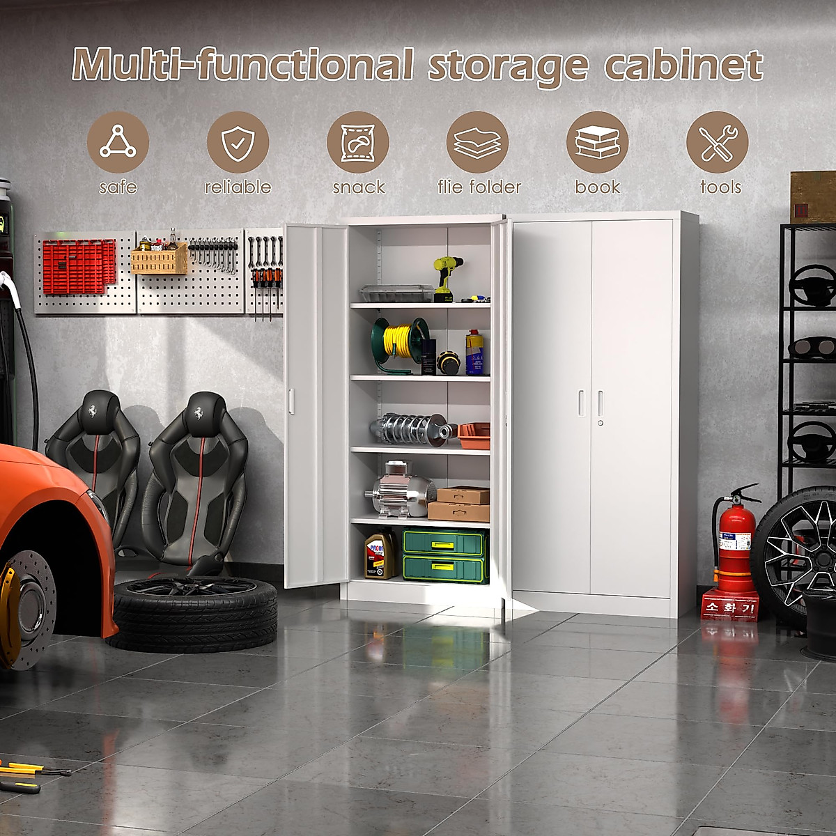 LOCENHU Metal Storage Cabinet with 2 Doors and 4 Adjustable Shelves - 71" Locking File Cabinet,Locking Tool Cabinet for Office,Home,Garage,Gym,School (White),Requires Installation