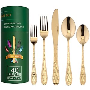 Gold Silverware Set for 8, 40-Piece Flatware Set Stainless Steel with Titanium Colorful Plated Cutlery Kitchen Utensil Flatware Set Service for 8, Knife/Fork/Spoon & Long Teaspoon/Salad Fork (Gold)