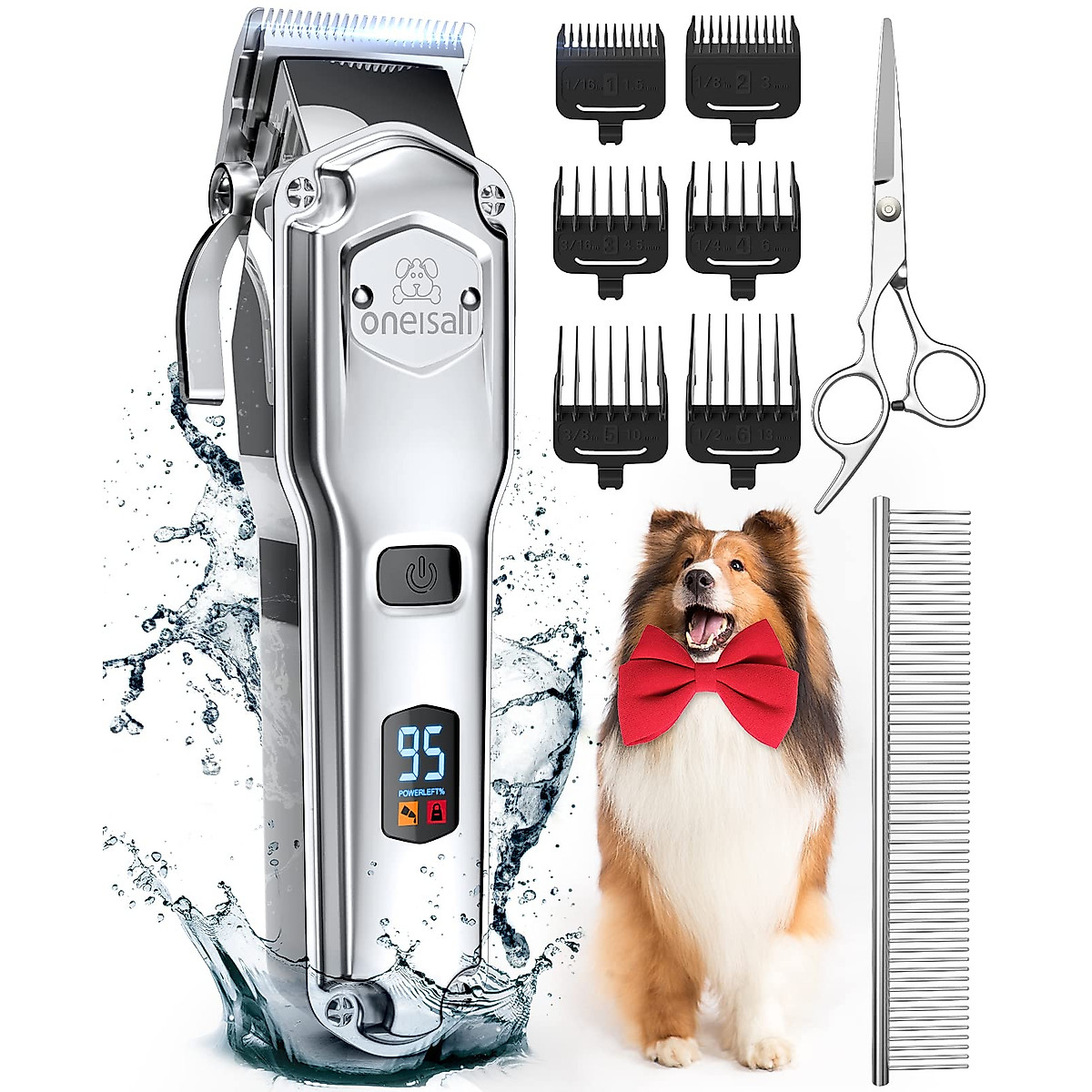 oneisall Dog Clippers for Grooming for Thick Heavy Coats/Low Noise Dog Grooming Kit/Rechargeable Cordless Pet Shaver with Stainless Steel Blade/Waterproof Dog Shaver for Dogs Pets and Animals Sliver