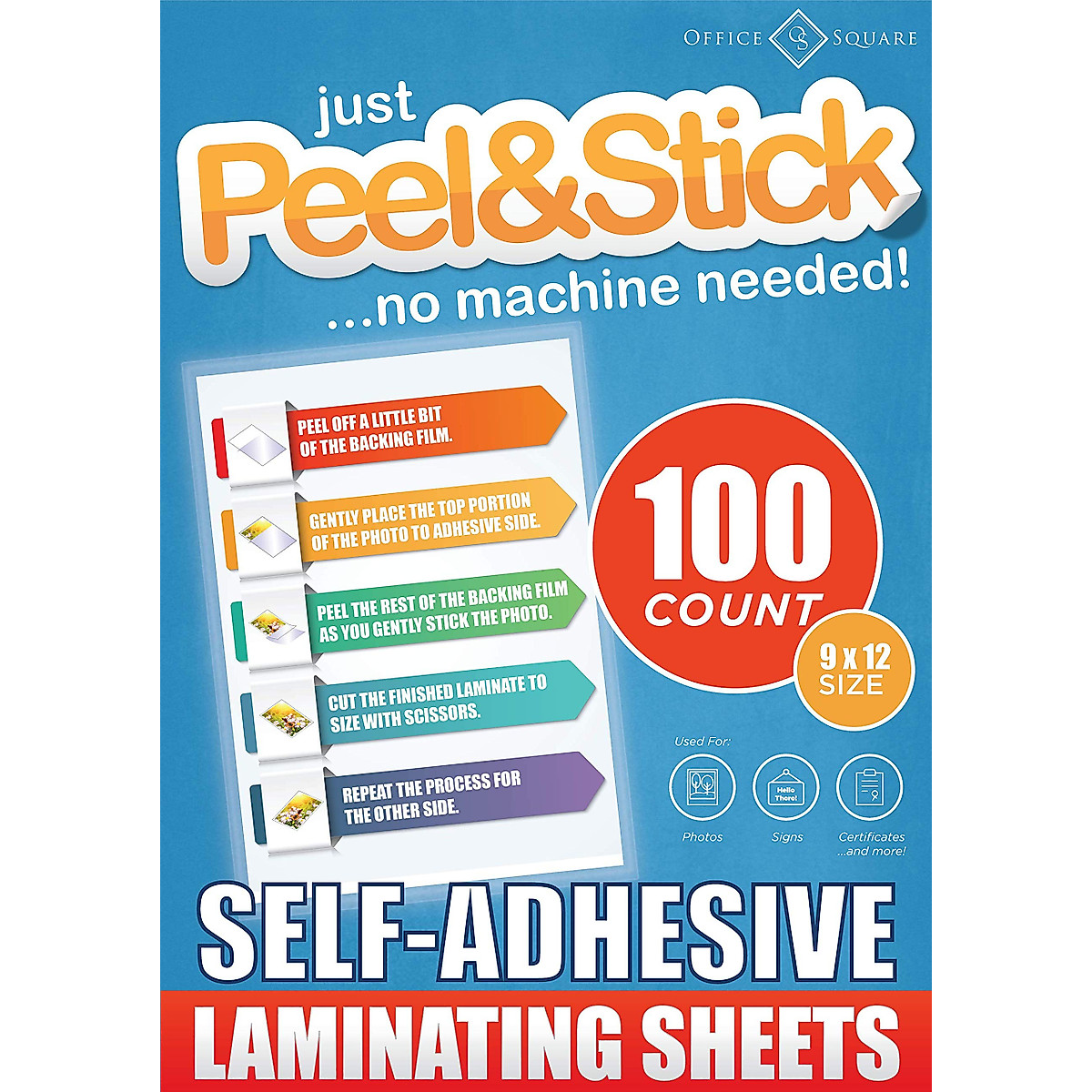 100-Pack Self-Adhesive Laminating Sheets by Office Square, Self-Seal, No Machine Needed, Letter Size, 4 Mil Thick