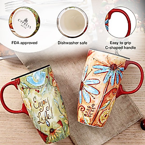 CEDAR HOME Travel Coffee Ceramic Mug Porcelain Latte Tea Cup With Lid in Box 17oz., Flower Enjoy Life, 2 Pack