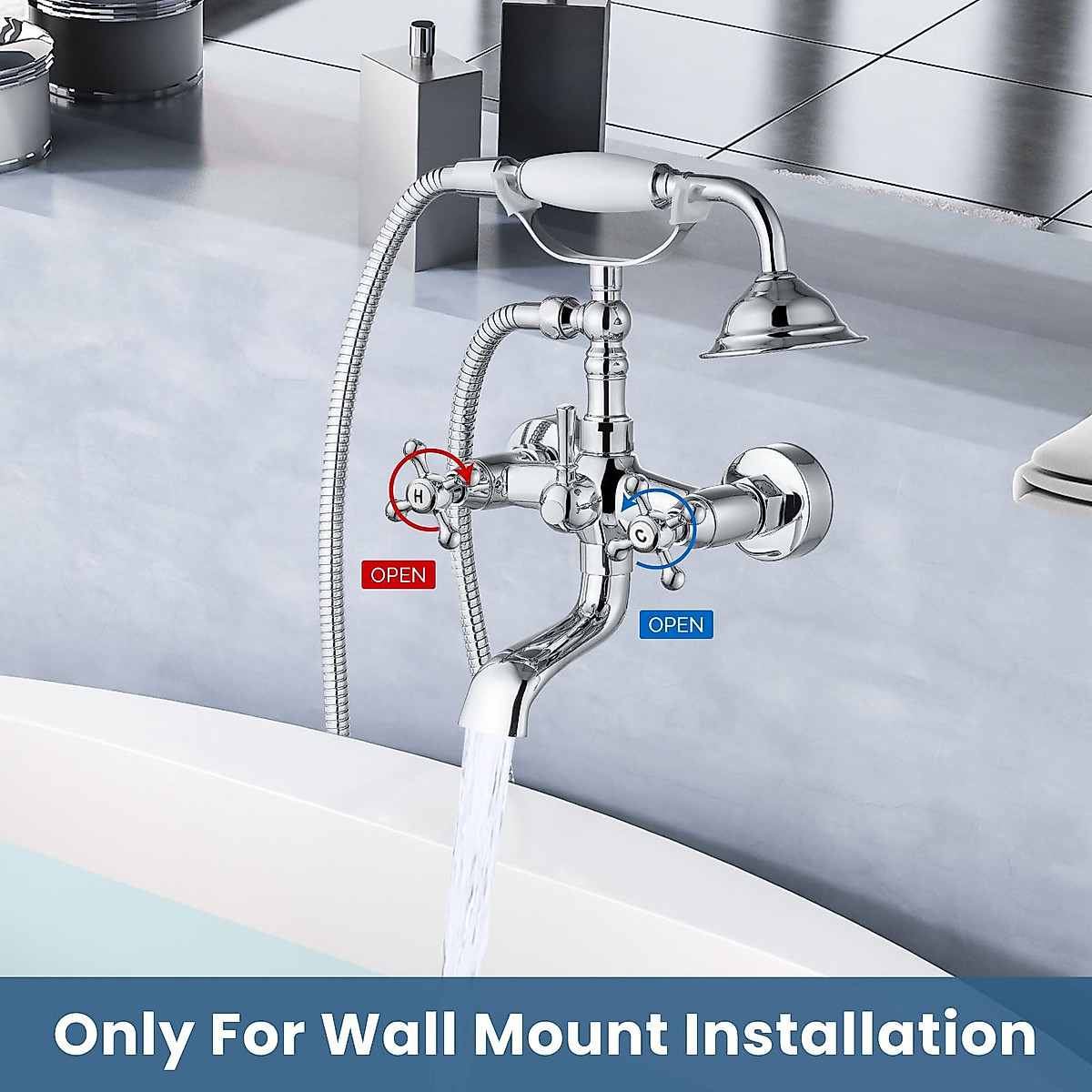 Airuida Wall Mount Bathtub Faucet Chrome Polish with Handheld Shower Chrome Polish Wall Mount Kitchen Sink Faucet 8 Inch Center