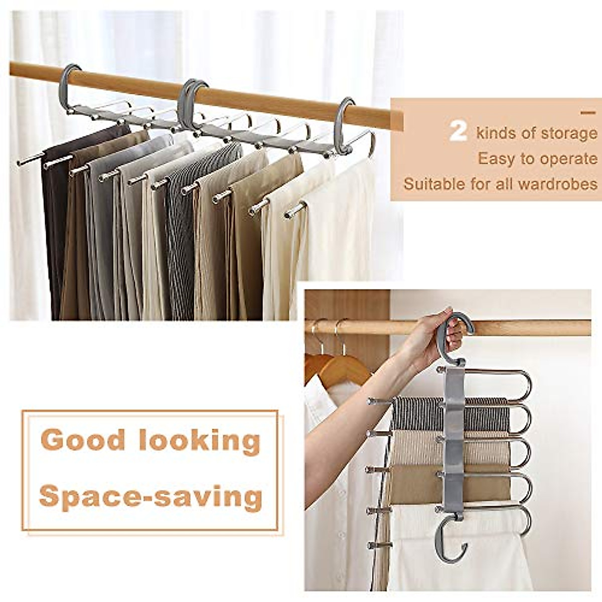 WAOU Massy Pants Hangers Multi-Layer Hanging Pants 5 in 1 Pants Rack Stainless Steel Pants Hangers Folding Storage Rack Space Saver Storage for Trousers Scarf Tie Belt Adjustable Gary (1 Pack)