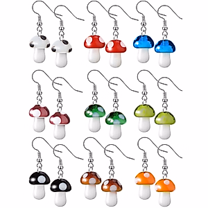 9 Pairs Mushroom Earrings for Women Long Pendant Glass Mushroom Earrings Colorful Steampunk Earrings Creative Funny Earrings Cute Weird Earrings Women's Drop and Dangle Earrings