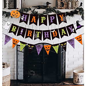 JKQ Colorful Halloween Happy Birthday Banner and Halloween Pattern Pennant Banner Halloween Birthday Paper Bunting Banner with Pumpkin Ghost Halloween Boys Girls Birthday Baby Shower Party Decorations