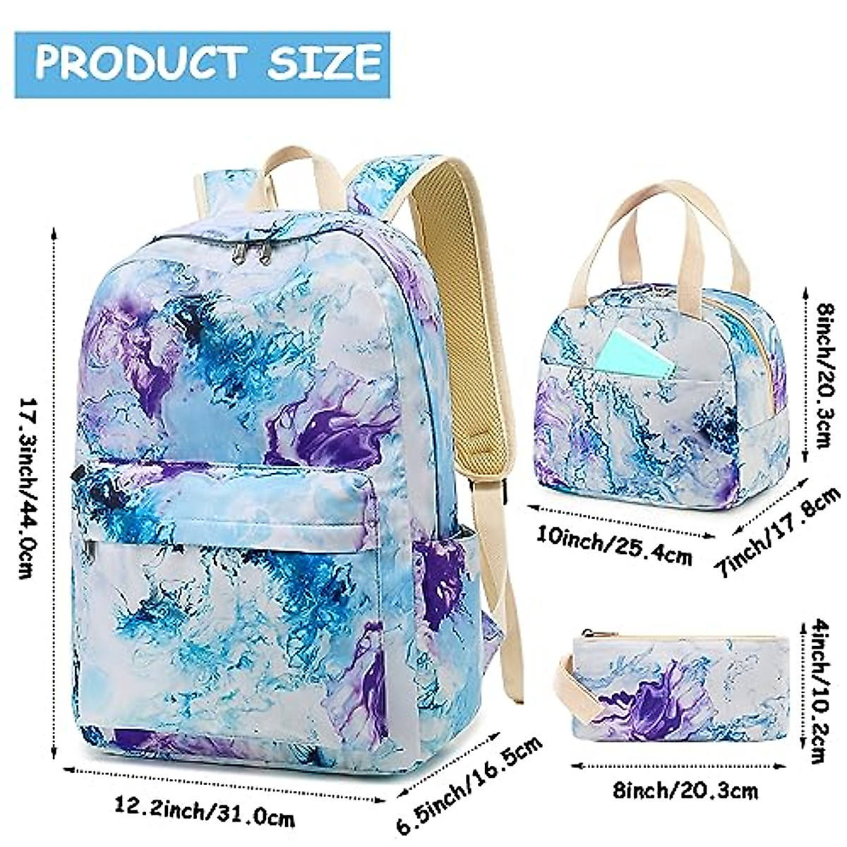 Bluboon School Backpack Set Girls Womens Laptop Bookbag Casual Daypack Fits 15 inch Laptop with Lunch Tote Bag and Pencil Bag（Purple-3 set)