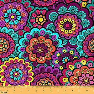 Castle Fairy Mandala Flower Upholstery Fabric by The Yard Watercolor Exotic Boho Floral Plant DIY Fabric by The Yard Retro Bohemia Style Decor Fabric for Upholstery and Home Accents,1 Yard