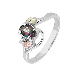 Rhodium-Plated Sterling Silver Small Oval Mystic Fire Topaz Ring, 12k Rose and Green Gold Black Hills Gold, Size 7.5