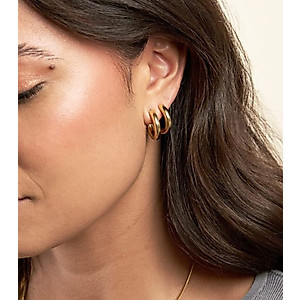 Gold Hoop Earrings Set 14k Real Gold Plated Huggie Earrings Hypoallergenic Chunky Twisted Thick Jewelry for Multiple Piercing for Women (gold hoop style01)