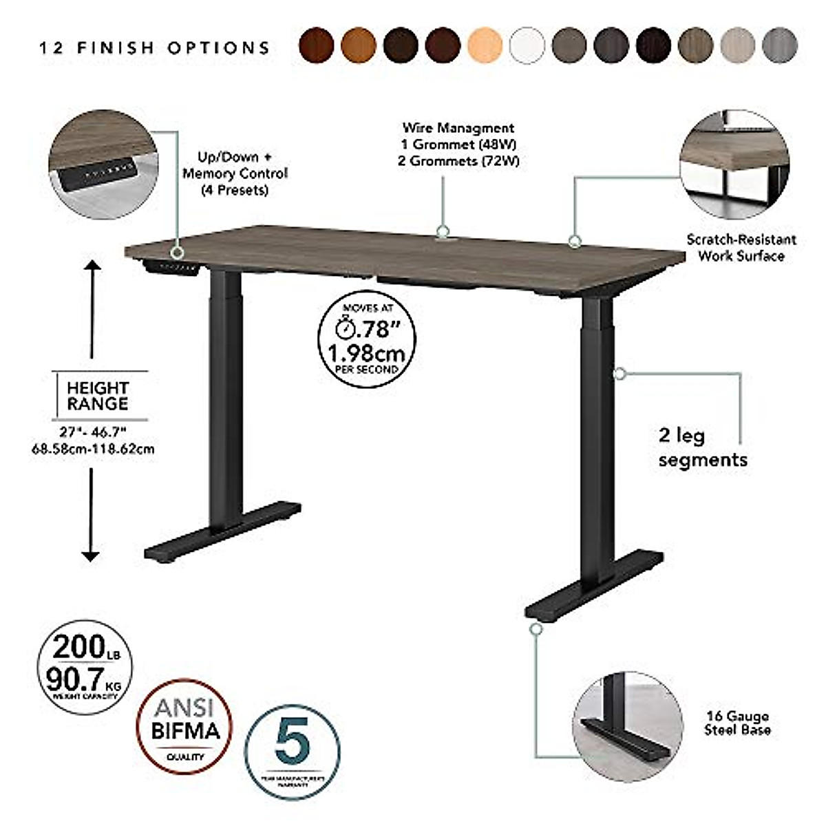 Bush Business Furniture Move 60 Series Height Adjustable Standing Desk, 72W x 30D, Modern Hickory with Black Base