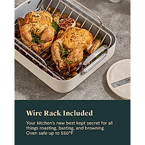 Caraway Roasting Pan - 16x13” Roasting Pan with Rack - Non-Stick Ceramic Coated - Non Toxic, PTFE & PFOA Free - Oven Safe & Compatible with All Stovetops - Cream