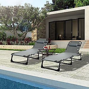 ABORON Heavy Duty Patio Chaise Lounge, 500LB Bearing 3IN1 Adjustable Lounge Chair 1200D Oxford Adults Sleeping Camp Chair, with Mattress (Chaise Lounges, Black Bed and Charcoal Gray Pad)